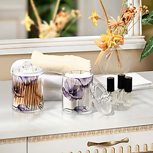 ALAZA 2 Pack Qtip Holder Dispenser for Cotton Ball Watercolor Flowers Purple Poppies Cotton Swab Cotton Round Pads Clear Plastic Acrylic Jar Set Bathroom Canister