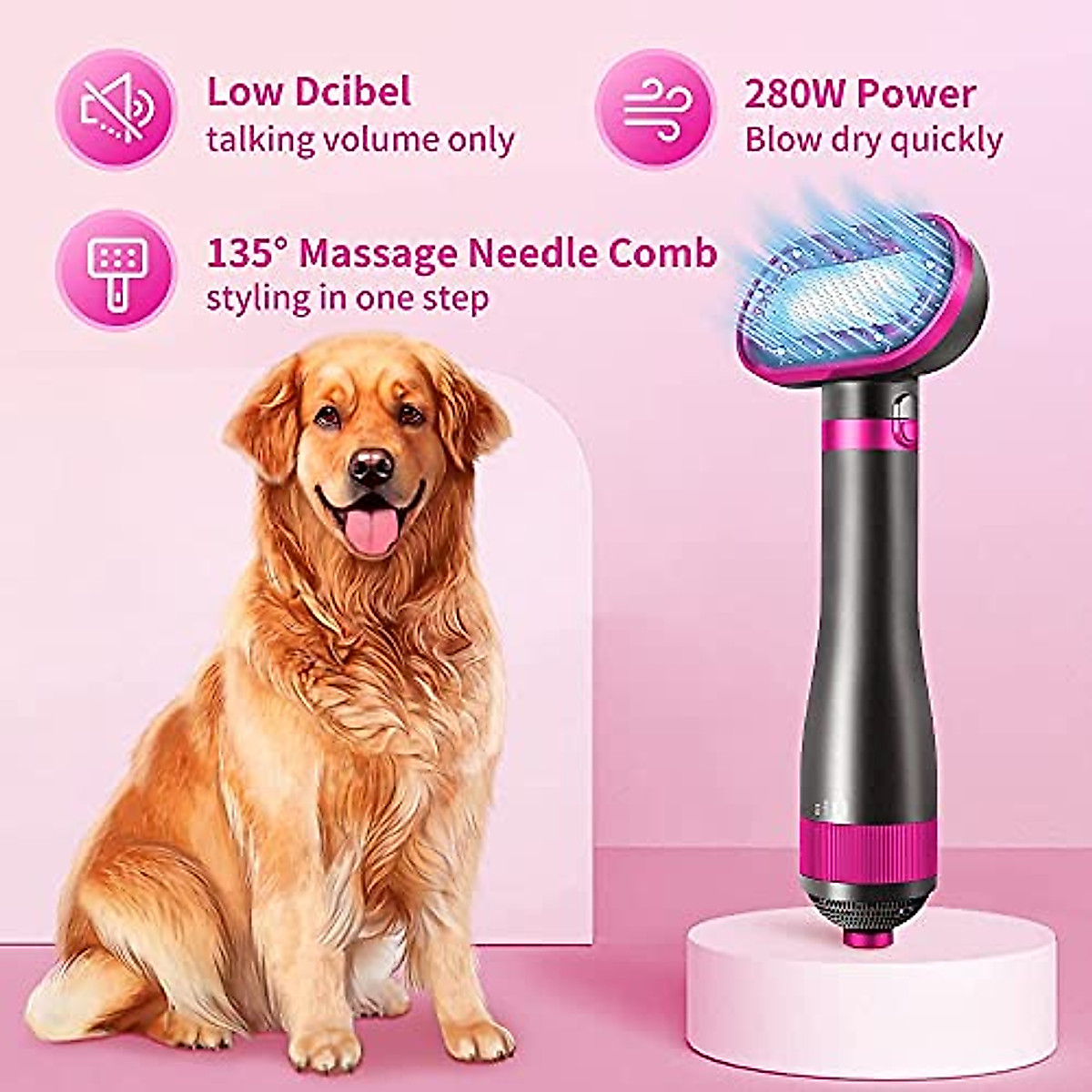 Upgraded Pet Hair Dryer Brush,2 in 1 Pet Grooming Dryer for Small/Medium Dog & Cat,2 Heat Settings & 3 Adjustable Blowing Dryer