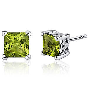Peora Peridot Stud Earrings 925 Sterling Silver, Genuine Gemstone Birthstone Solitaire Scroll Gallery, 2 Carats Total, Princess Cut 6mm, Friction Backs