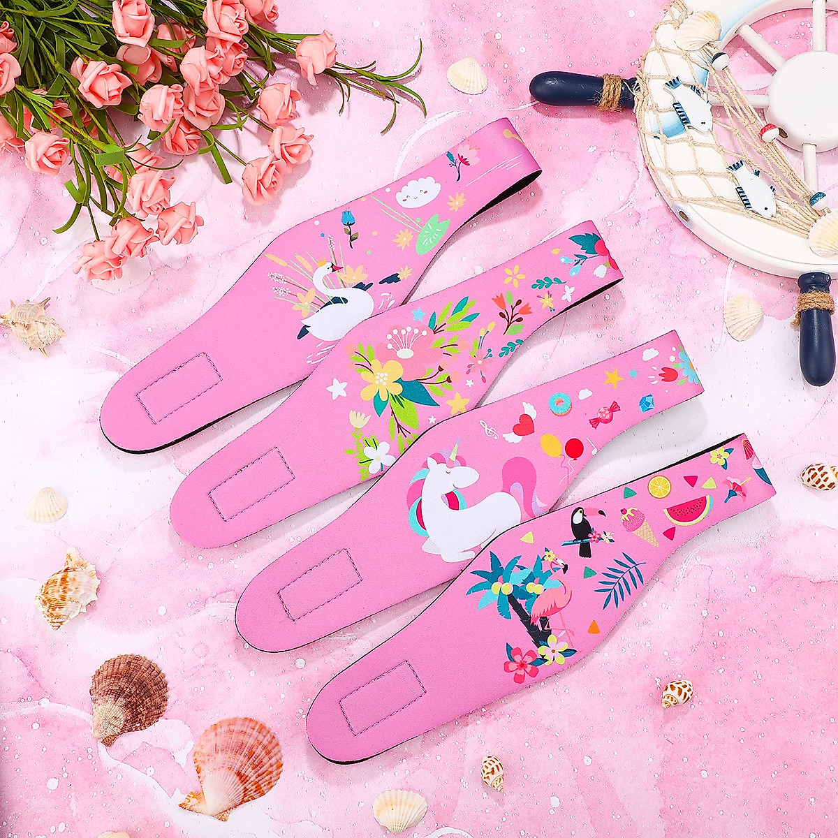 HESTYA Swimming Headband for Kids, 4 Pieces Adjustable Neoprene Swim Band Ear Protection, Cute Cartoon Head Ear Bands (Swan, Flamingo, Flower, Unicorn)