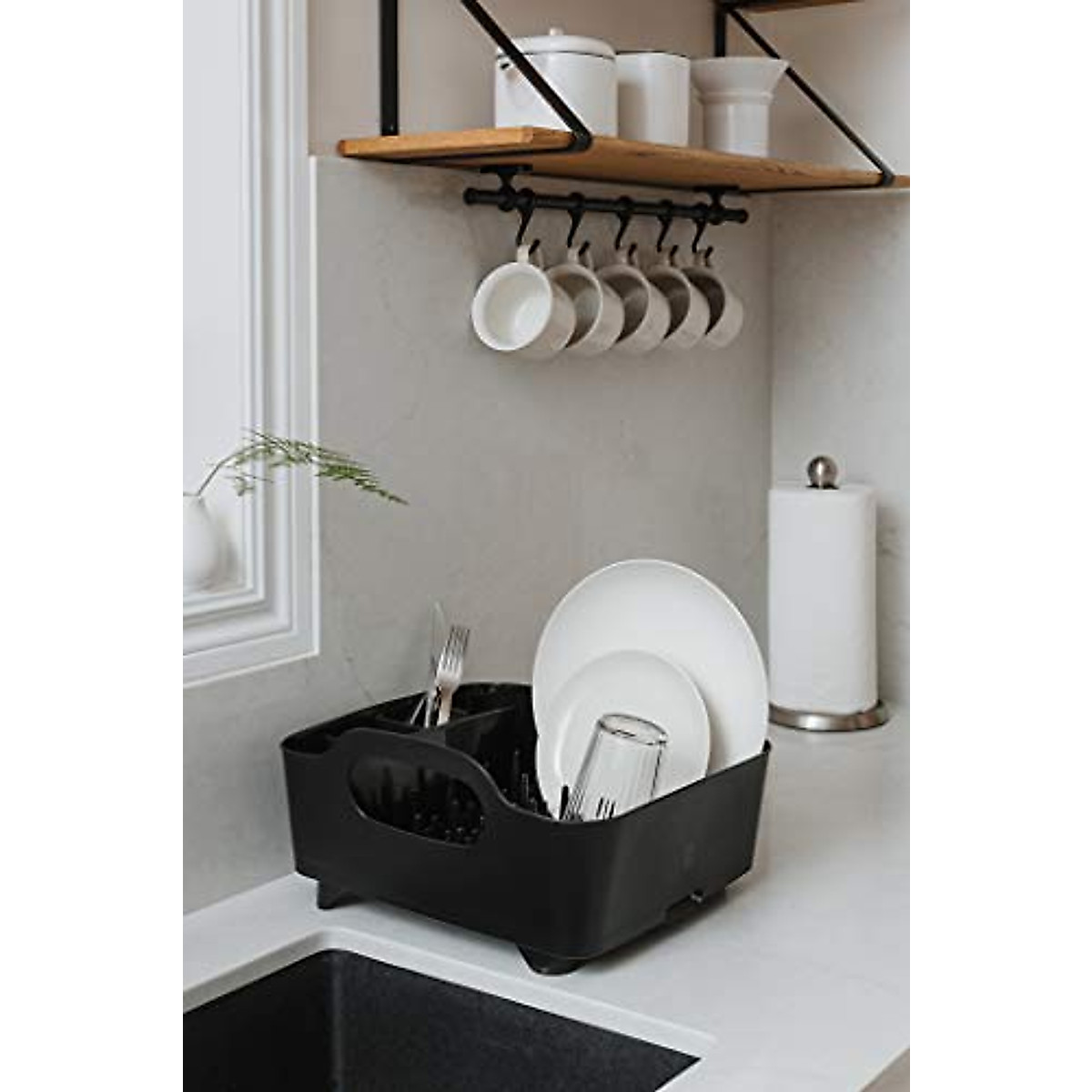 Umbra Tub Dish Drying Rack – Lightweight Self-Draining Dish Rack for Kitchen Sink and Counter at Home, RV or Motorhome, Smoke