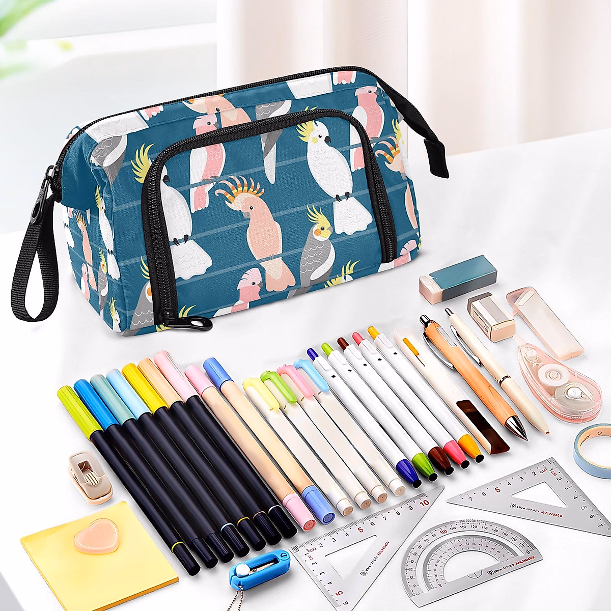 Yasala Pencil Case Cockatoo Cartoon Pen Pouch Holder Art Kits Storage Bag Cosmetic Organizer Carrying Case for Office Supplies Travel Bag for Makeup Large Stationary Bag with Handle