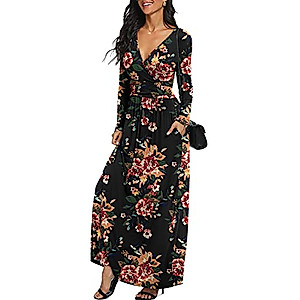LILBETTER Womens Long Sleeve V-Neck Wrap Waist Maxi Dress(F Brown Floral Black X-Large)