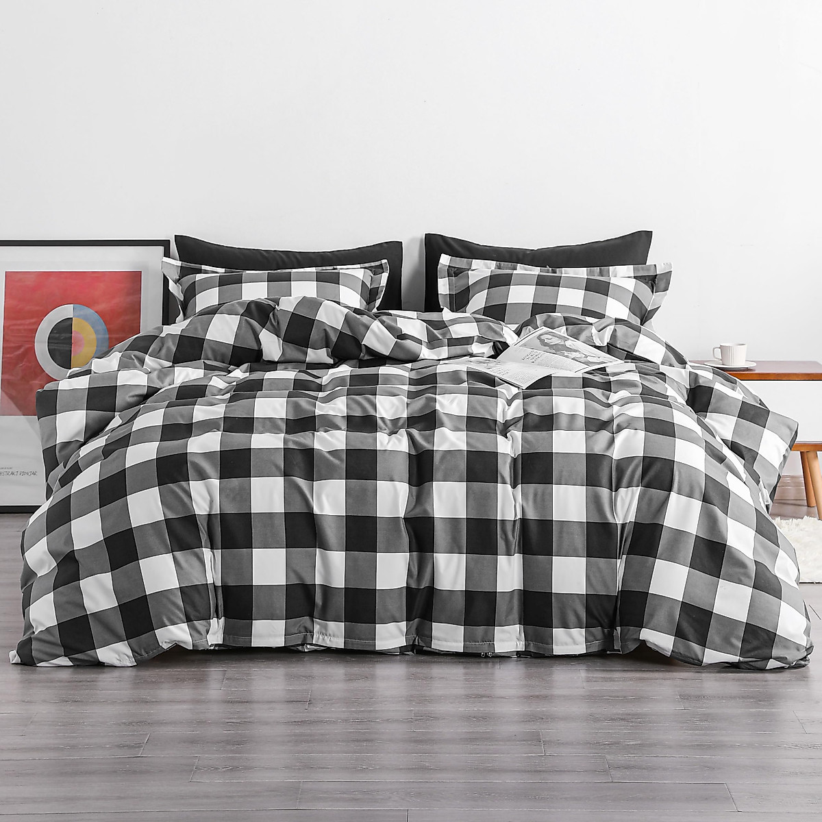 NTBAY Microfiber Twin Duvet Cover Set, 2 Pieces Ultra Soft Buffalo Check Printed Comforter Cover Set with Zipper Closure and Corner Ties, Black and White