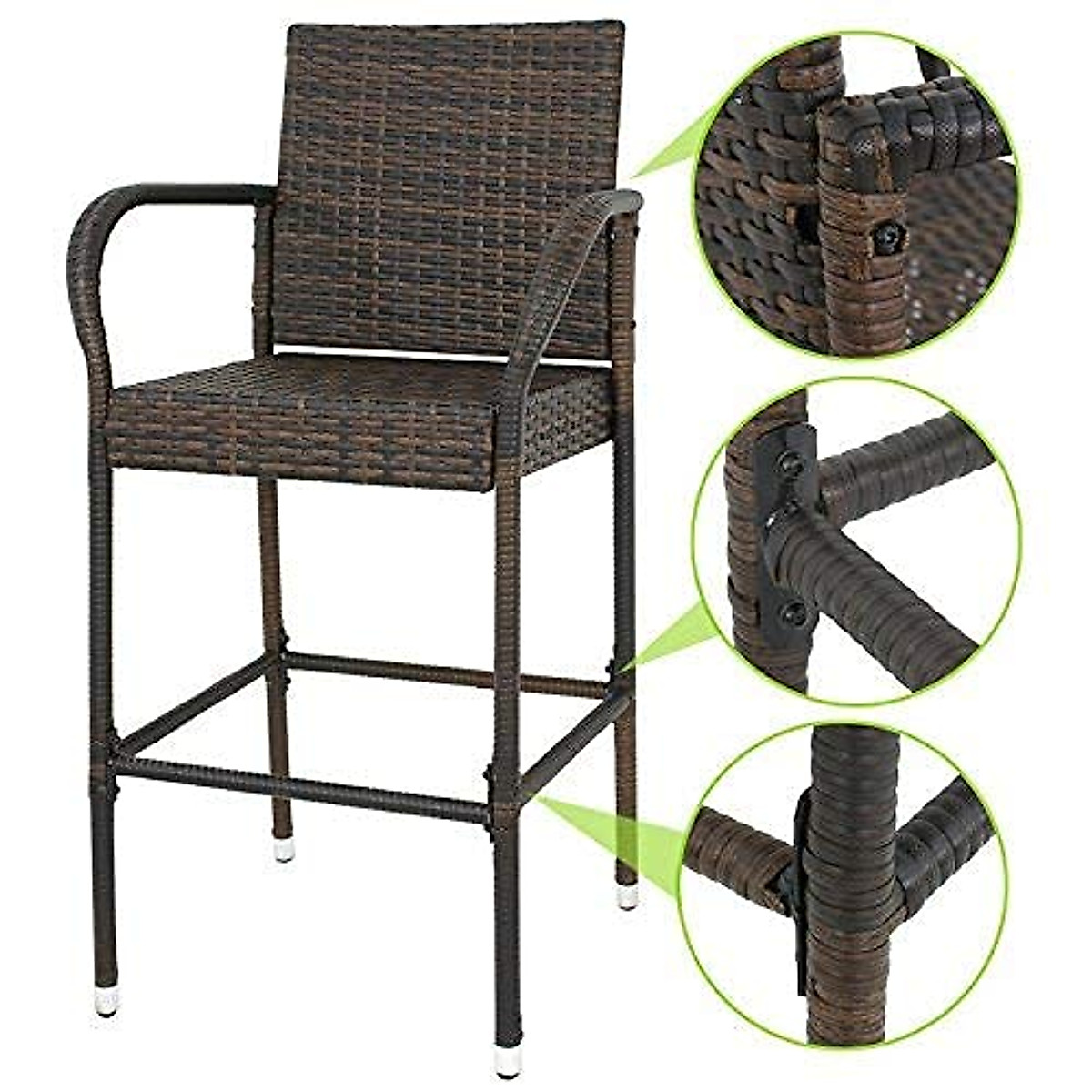 ZENY Set of 2 Wicker Barstool All Weather Dining Chairs Outdoor Patio Furniture Wicker Chairs Bar Stool with Armrest