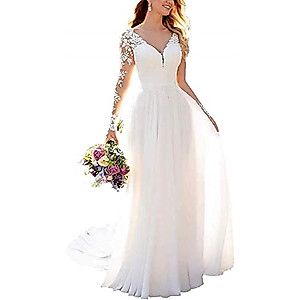 Clothfun Women's V-Neck Lace Beach Wedding Dresses for Bride 2023 Long Sleeve Bridal Gowns Style9 White 4