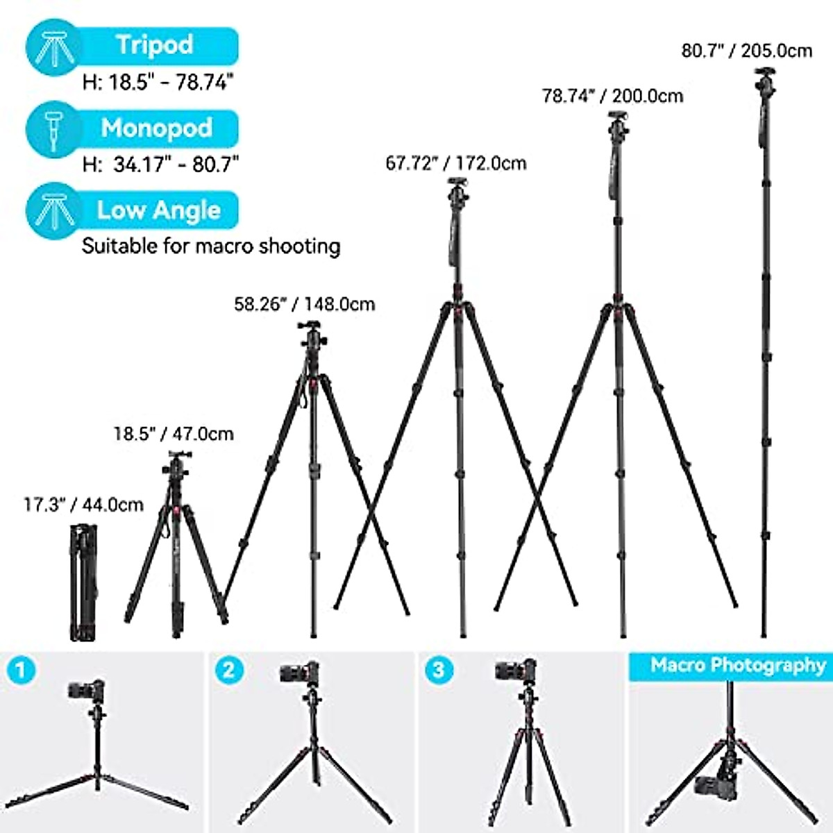 SmallRig 78" Camera Tripod, Foldable Aluminum Tripod & Monopod, 360°Ball Head Detachable and Quick Release Plate, Payload 33lb, Adjustable Height from 18.5" to 78" for Camera, Phone - 3474