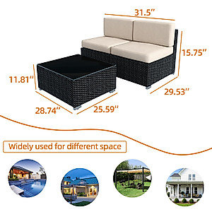 yoyomax 3PCS Patio Furniture, Weather PE Rattan Sectional Set Sofa & Tempered Glass Including, Beige, 2 armless Sofa+1 Coffee Table