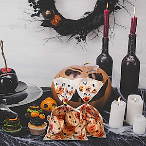 Halloween Pumpkin Print Cone Cellophane Bags Heat Sealable Halloween Treat Candy Bags Gift Bags and Golden Twist Ties for Halloween Treat Party Favor (100 Sets)