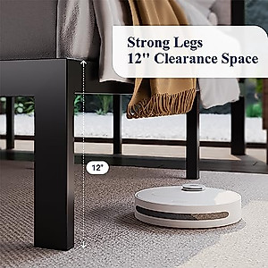 Allewie Full Size Bed Frame with 47'' Tall Upholstered Headboard, High Metal Bed Frame with 12'' Under-Bed Storage Space/Wood Slats Support/Easy Assembly/No Box Spring Need/Noise-Free/Grey