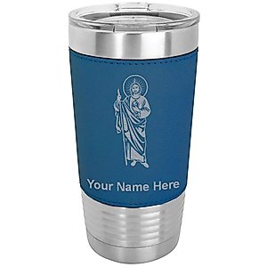 LaserGram 20oz Vacuum Insulated Tumbler Mug, Saint Jude, Personalized Engraving Included (Faux Leather, Blue)