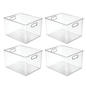 mDesign Large Modern Stackable Plastic Storage Organizer Bin Basket with Handle for Playroom and Toy Organization, Shelf, Cubby, Cabinet, and Closet Organizing Decor, Ligne Collection - 4 Pack - Clear