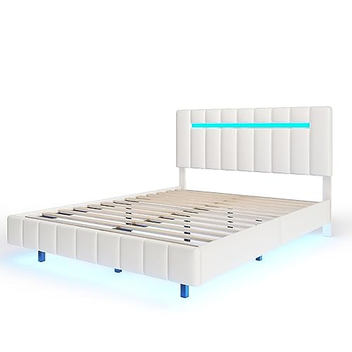 Merax Floating LED Platform Bed, Queen Size Upholstered Wood Bed Frame with LED Lights and USB Charging, Wood Slat Support, No Box Spring Needed, Easy Assembly, White/PU