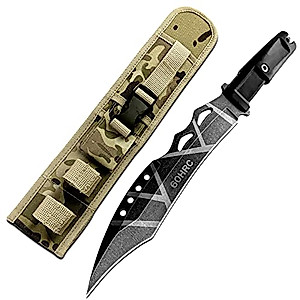 HOLYEDGE 14.1 inch Stonewash Full-tang Fixed Blade Tactical Knife - Fantasy Large Sturdy Military Survival Combat Knife Camping Hunting Knives with Sheath