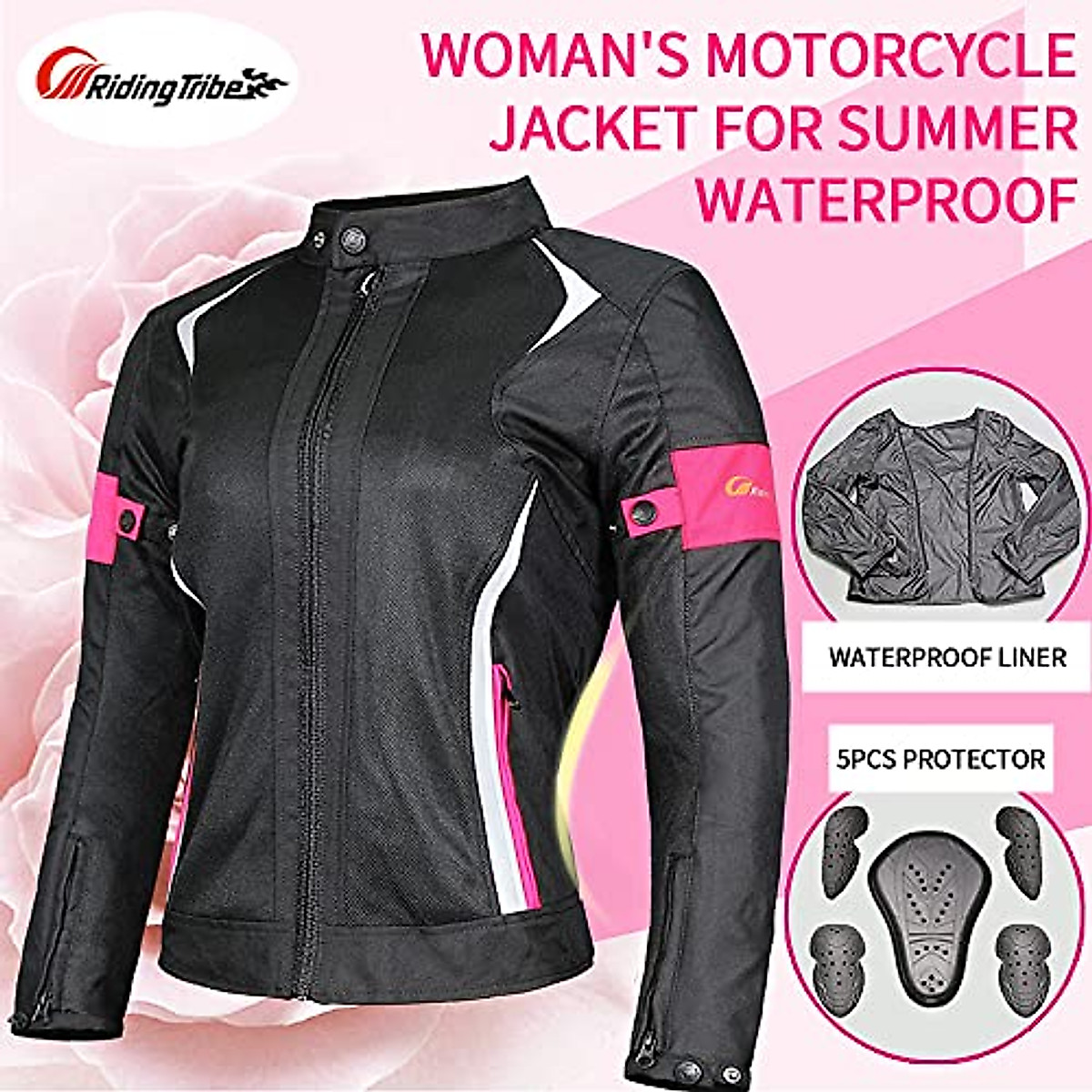 Riding Tribe Women's Motorcycle Jacket Coat Summer Waterproof Lady Teens Girl Riding Reflective Anti-collision Motorbike Jackets(PINK JACKET, S)