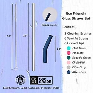 ColoVie Reusable Glass Drinking Straws 6 Straight + Silicone Tips with Curved Bend 6 Pack(BPA Free, Food grade, Non-Rubber) + Cleaning Brush 2 Pack, Clear, Safe, Durable, Stirring, for Tumbler