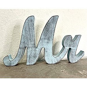 Mr & Mrs Wood Sign Wedding Decorations for Bride & Groom Reception Head Table. Wooden Letters for Married Couple's Centerpiece, Engagement & Bridal Shower Party Or Wedding Cake Table. (Rustic Blue)