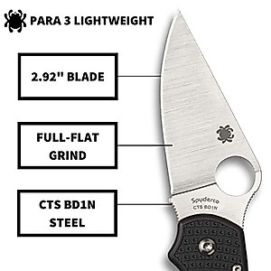 Spyderco Para 3 Lightweight Signature Folding Utility Pocket Knife with 2.92" Stainless Steel Blade and FRN Handle - Everyday Carry - PlainEdge - C223PBK