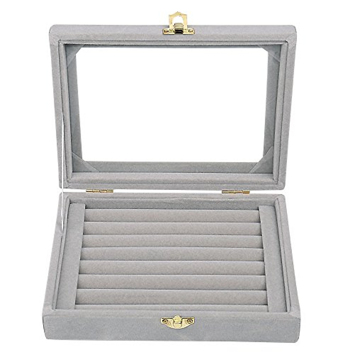 Velvet Glass Jewelry Ring Display Stand Storage Box Ring Earrings Jewelry Box Ring Holder Case (Grey)