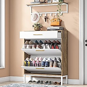Tribesigns Shoe Cabinet 16 Pairs, Modern Slim 3 Flip Drawers Shoes Rack Storage Organizer with Coat Shelf, White Sneaker Holder Stand with Doors Thin Tipping Shoe Storage Cabinet for Entryway, Hallway