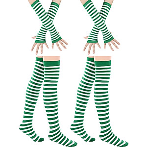 Blulu St Patrick's Day Knee High Socks Green Striped Fingerless Gloves Irish Arm Warmers