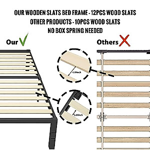 ROIL 14 inch Queen Size Bed Frame with Wood Slats - 3500lbs Heavy Duty No Box Spring Needed Platform, Mattress Stoppers Double Metal Noise Free Bedframe with Headboard Hole Underneath Storage