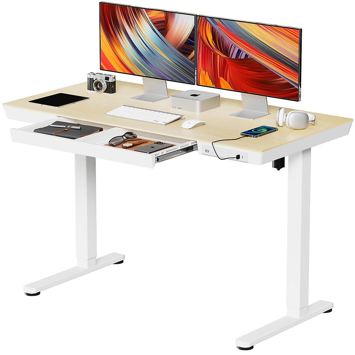 JYLH JOYSEEKER Electric Standing Desk with Drawers, Whole Piece 48 Inches Adjustable Height Desk, Modern Sit Stand Up Desk,Ergonomic Rising Desk for Home Office Workstation, Light Wood