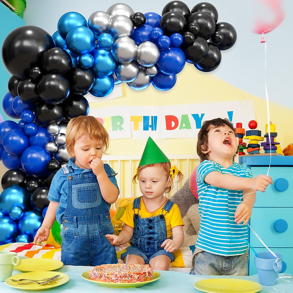 Paready Blue Black Balloons Garland Arch Kit, 122Pcs Blue Silver Metallic Balloons Arch for Birthday Baby Shower Graduation Wedding Bridal Shower Party Decorations