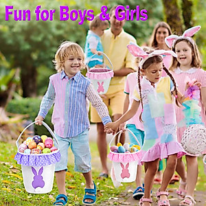 2 Pack Easter Eggs Hunt Basket for Kids Easter Bunny Canvas Baskets Ruffle Easter Basket Rabbit Fluffy Tails Bucket Tote Eggs Candy and Gifts Carry Bucket, Easter Party Supplies (Purple & Pink)