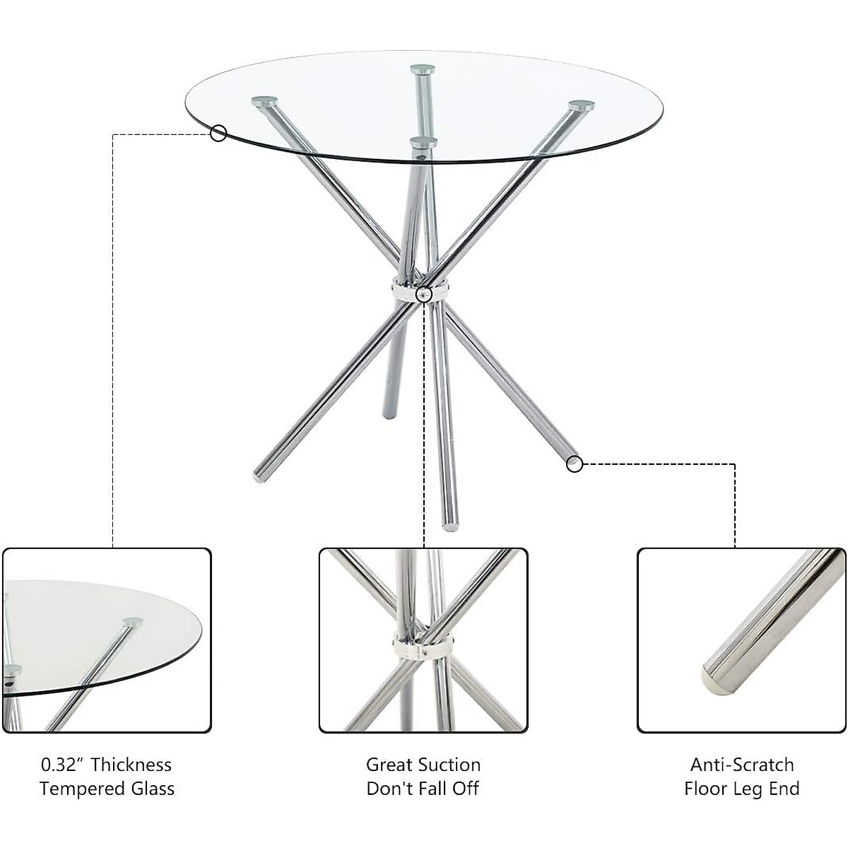 Modern Round Dining Table with Clear Tempered Glass Top, 4 Chrome Legs Kitchen Table for 2 or 4 Person,Round Dining Table Furniture for Home Office Kitchen Dining Room(W 35.4 x L 35.4 x H 29.5 inch)