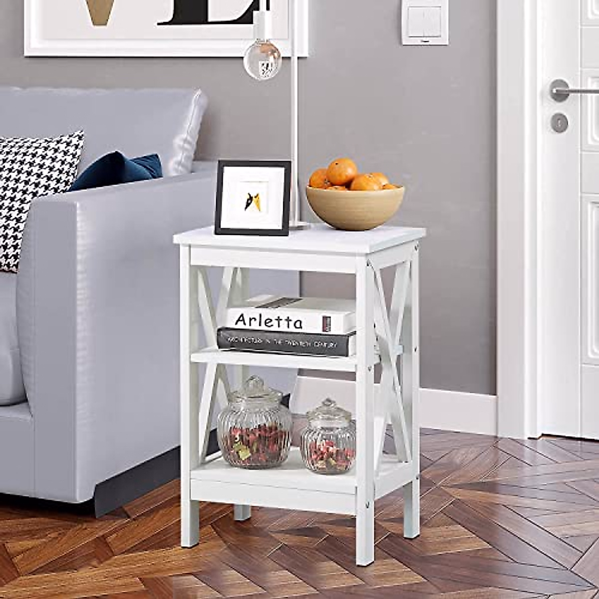 VECELO End Side Table with Storage Shelf Living Room,Bedroom Furniture, White, Nightstand with Shelves
