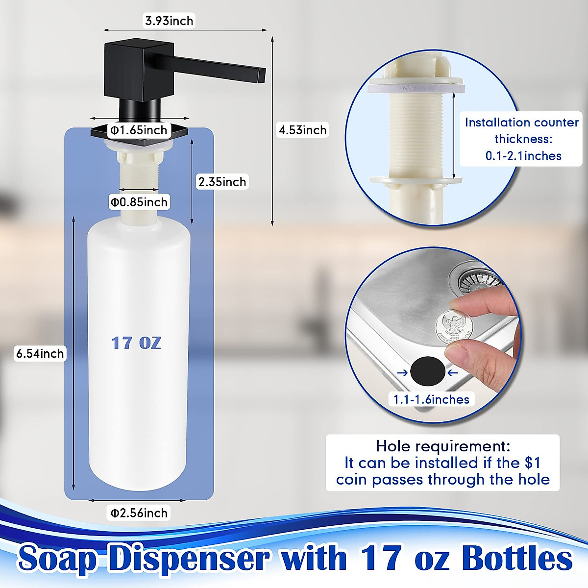2 Pieces Matte Black Soap Dispenser for Kitchen Sink and 2 Inch Sink Hole Cover Set Countertop Dish Pump Head Sink Soap Dispenser with 17 oz Bottles Stainless Steel Faucet Hole Cover Sink Accessories
