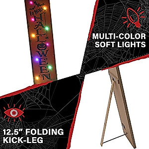Haunted Hill Farm 45-in. Happy Halloween Porch Leaner Sign with LED Lights, Battery Operated, Festive Holiday Decor, Jack-O-Lantern, Bats in Orange & Black