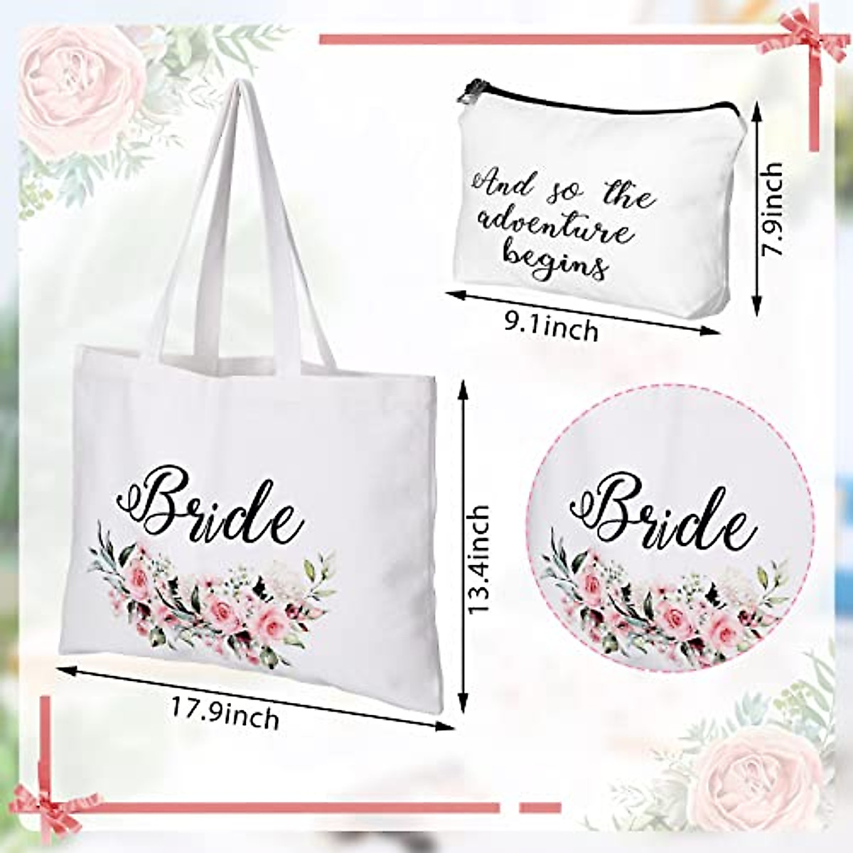 Sanwuta 6 Set Bridesmaid Tote Bag Bridesmaid Gifts, Include Bridesmaid Makeup Pouch Bridal Canvas Tote Bag Gifts for Wedding (Floral Pattern)