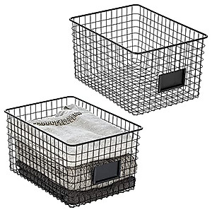mDesign Large Metal Farmhouse Storage Organizer Bin Baskets with Label Slot for Closet, Cabinet, Cupboard - Wire Organizing Basket Holds Clothing, Linens, Shoes, Omaha Collection, 2 Pack, Matte Black