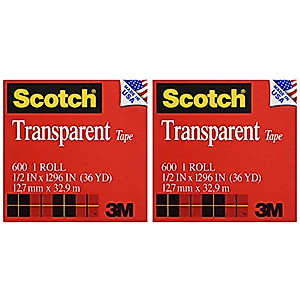 Scotch Transparent Tape, 1/2 in x 1296 in, 2 Boxes/Pack (600)