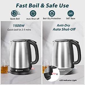 Aigostar Electric Kettle, 1.7L Stainless Steel Electric Tea Kettle, 1500W Fast Boil Water Kettle with LED Light, Auto Shut Off & Boil Dry Protection, BPA-Free Water Boiler for Tea and Coffee, Sliver