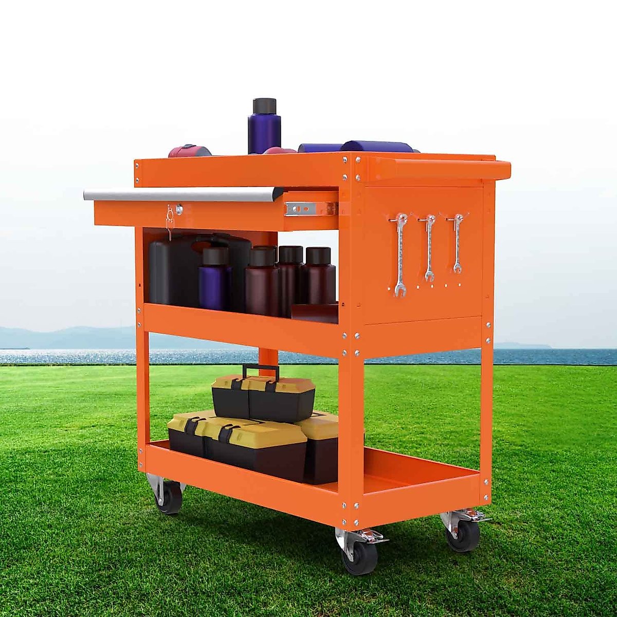 Oversized Tool Cart, Rolling Tool Cart, Mechanical Tool Storage Cart, 4-Wheel Tool Cart with Ball-Bearing Slides and Drawer Lock, Storage Cart and Tool Box for Warehouse and Garage Storage (Orange)