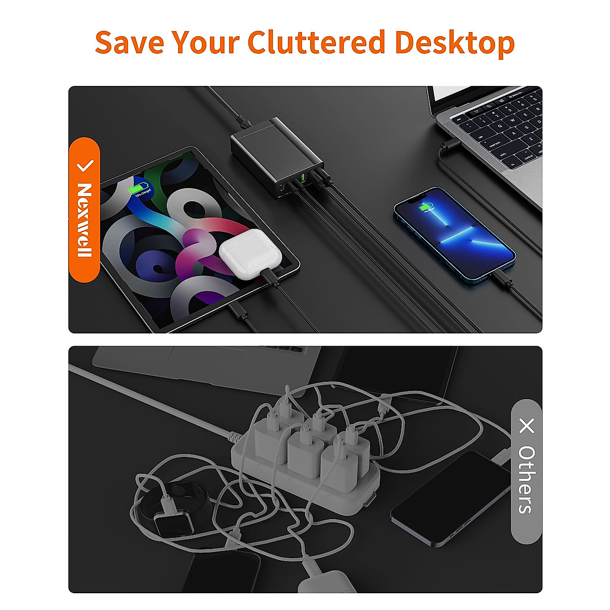 USB C Charger, Nexwell 100W GaN 6-Port Desktop USB Charging Station with 3 USB-C Ports +3 USB-A Ports, Portable PD Fast Charger for iPhone, iPad, Samsung Galaxy, 5ft Extension Cord