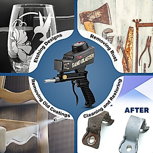 LE LEMATEC Sand Blaster Gun Kit for Air Compressor, Paint/Rust Remover for Metal, Wood & Glass Etching, Up to 150 PSI Blasting Media for Aluminum, Sand, Walnut Shells & Soda Blaster, Black (AS118)