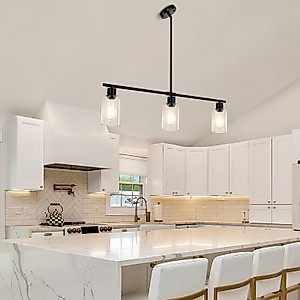 KMaiPem Kitchen Island Lighting, 3 Lights Black Linear Chandelier with Glass Shade, Industrial Kitchen Pendant Lighting over Island, Modern Chandelier for Dining Living Room Bar Pool Table Light