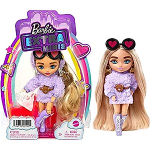 Barbie Extra Minis Doll #4 (5.5 in) Wearing Fluffy Purple Fashion, with Doll Stand & Accessories Including Teddy Ears and Sunglasses, Gift for Kids 3 Years Old & Up​