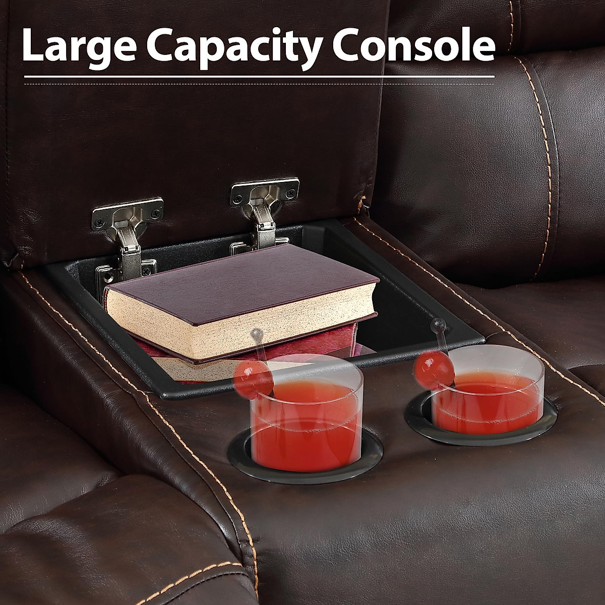 EBELLO Faux Leather Manual Loveseat Recliner, Reclining Couch Sofa with 2 Cup Holders, Hidden Storage, Overstuffed Comfortable Armrest Double Recliner Set for Living Room, Brown (Loveseat)