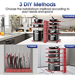 G-TING Pot Rack Organizers, 8 Tiers Pots and Pans Organizer for Kitchen Organization & Storage, Adjustable Pot Lid Holders & Pan Rack, Lid Organizer for Pots and Pans With 3 DIY Methods(Bright Red)