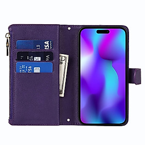 SailorTech Wallet Phone Case Design for iPhone 14 Pro 9 Card Holder 1 Zipper Coin Wallet 2 Cash Slot Kickstand Lanyard Flip Leather Cover Purple