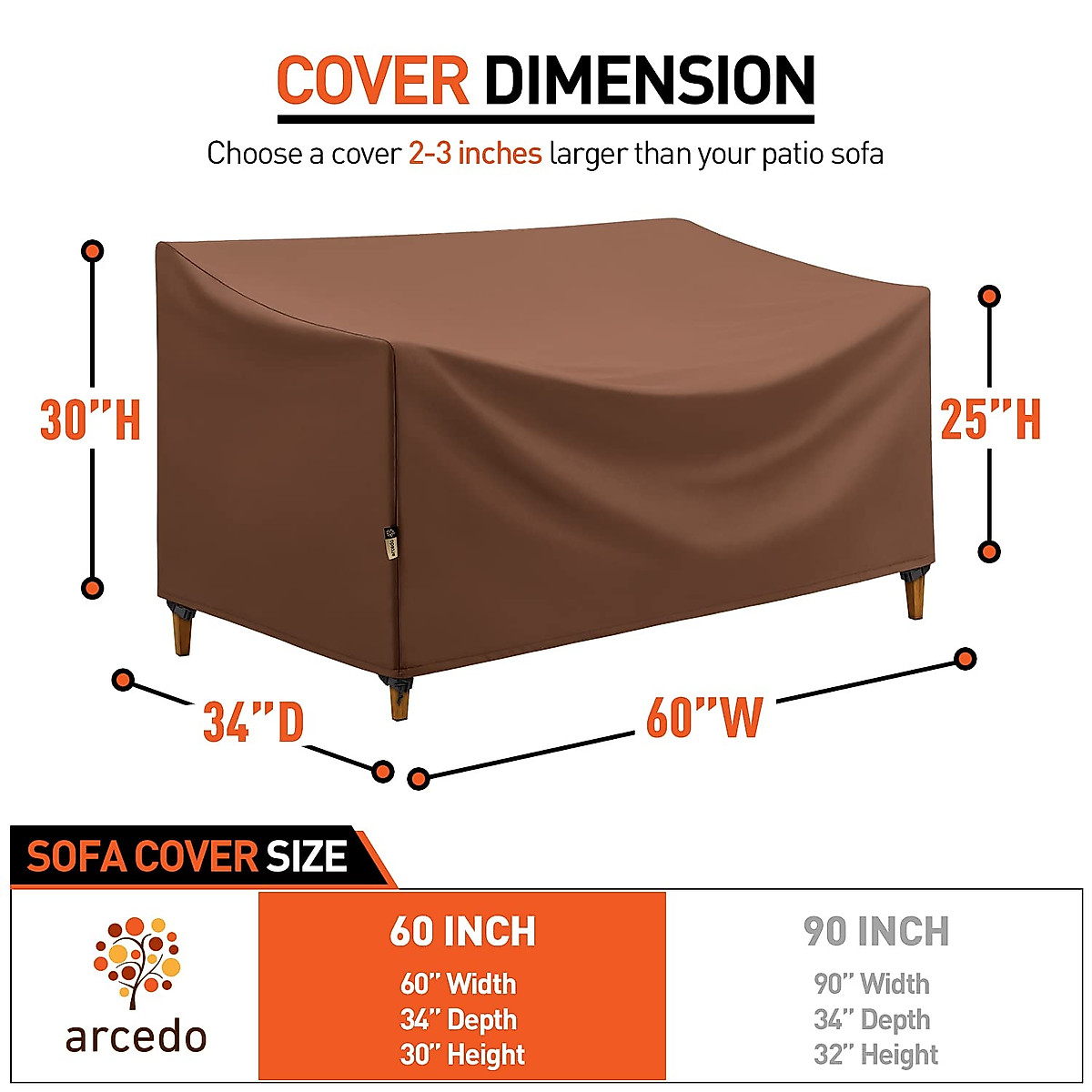 Arcedo Waterproof Patio Sofa Cover, Heavy Duty Outdoor Loveseat Cover, Outdoor 2 Seater Bench Cover , Durable Patio Furniture Cover, 60W x 34D x 30 H Inch, Brown