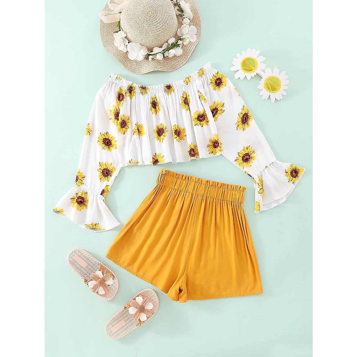 SOLY HUX Girl's 2 Piece Outfit Summer Boho Floral Print Long Sleeve Top and Shorts Set Cute Clothes for Girls Multicoloured 140