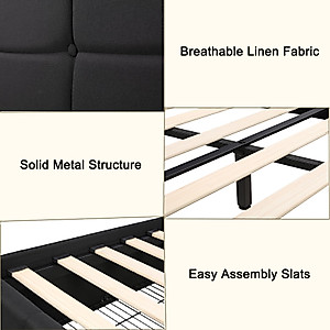 Modern Upholstered Bed Frame with 4 Storage Drawers, Platform Bed with Adjustable Button Tufted Headboard, Solid Wooden Slat Support, Easy Assembly, Full Size, Black