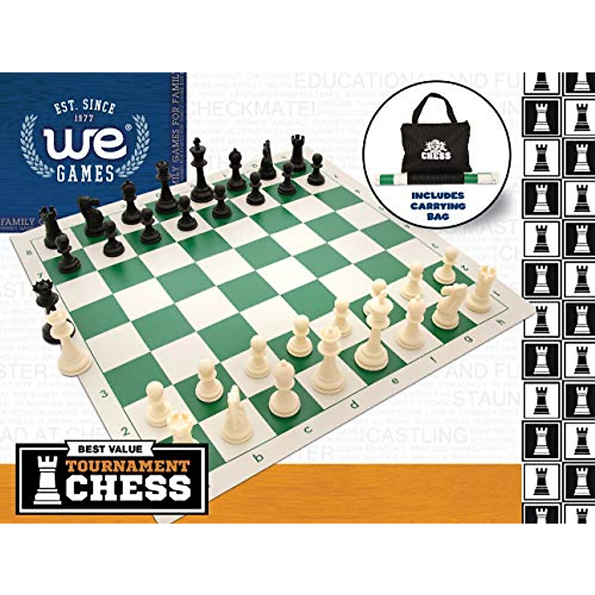 WE Games Best Value Tournament Chess Set (Green) + Hardcover Chess Notation Scorebook (Green)