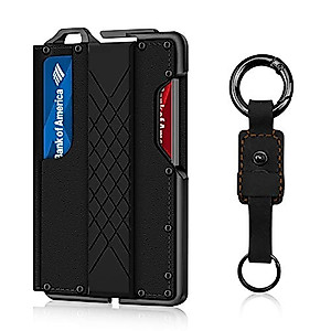 MURADIN Tactical Minimalist Wallet for Men, Slim RFID-Blocking Metal Card Holder, Front Pocket Men’s Leather Dapper Bifold Wallet with Money Clip with Keychain (Black)